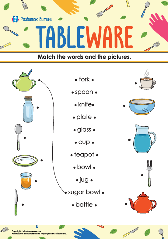 Tableware (посуд) – match words and pictures – Розвиток дитини